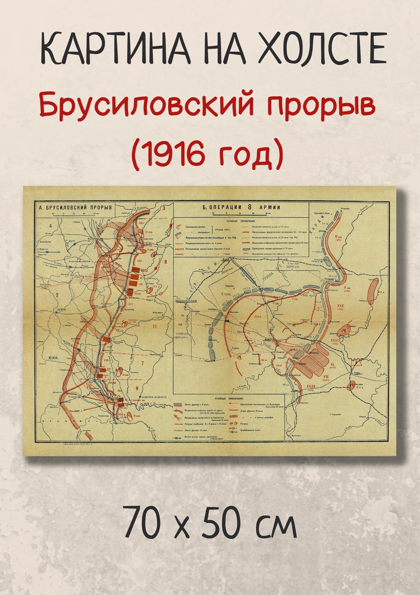 Картина с исторической схемой "Брусиловский прорыв 1916 год" 70х50 см