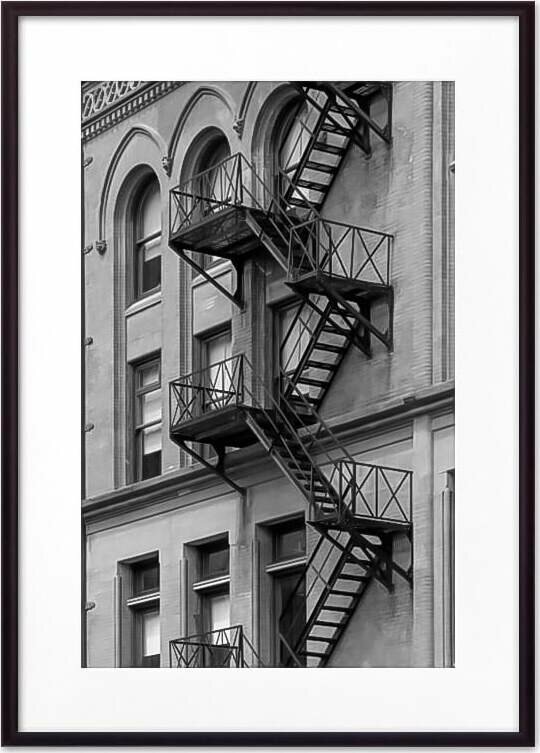 Постер в рамке Пожарная лестница ЧБ, 21х30 см