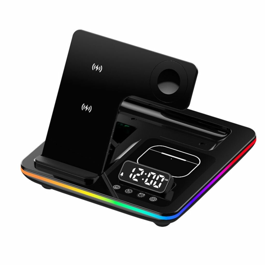 Многофункциональная док-станция для беспроводной зарядки 5 в 1 с будильником и красочным ночником наушников-часов телефона