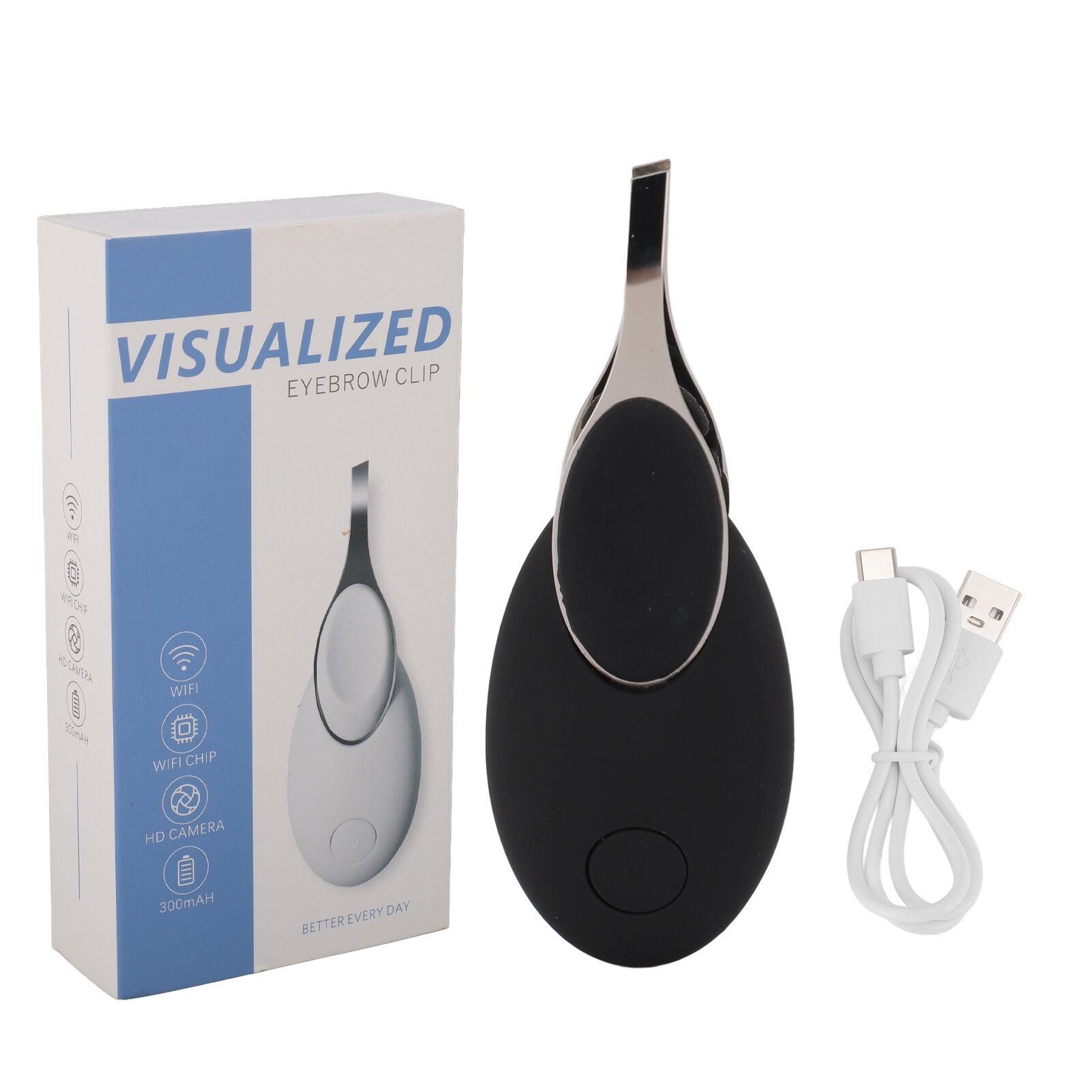 Визуализированный пинцет для бровей с зарядкой через USB, зажим для бровей с камерой для волос на лице и теле, черный