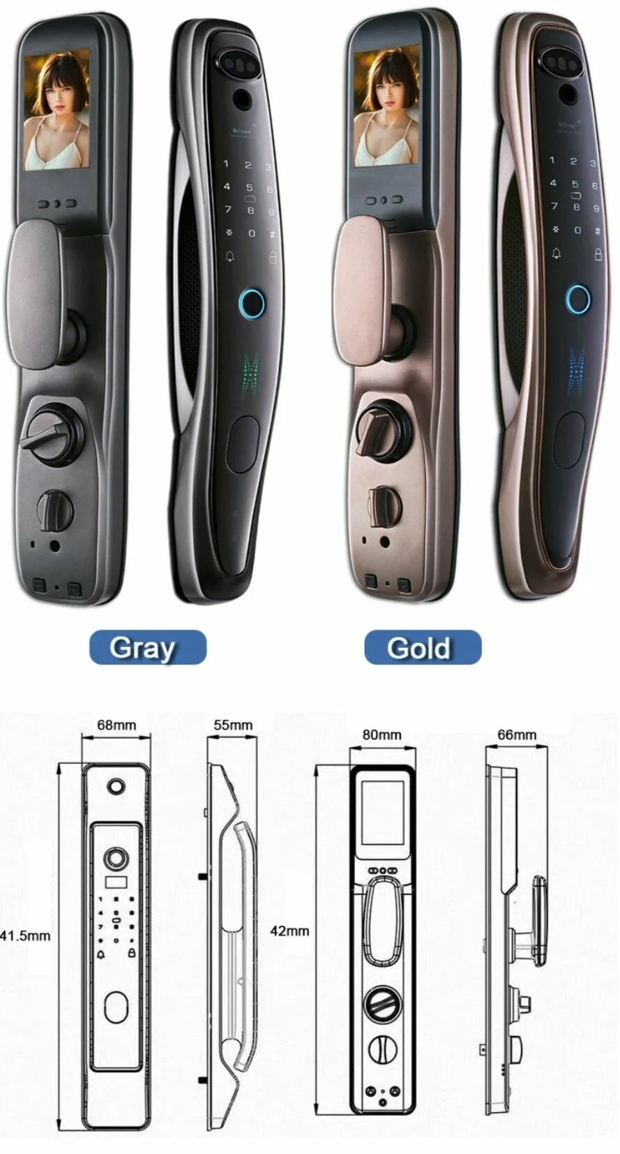 Умный замок с Face Id. Anyway Q-8000 PRO GRAY, работает с распознаванием лица, отпечатком пальца, кодом, RFID картой, СКУД