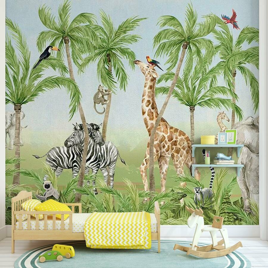 Фотообои Жирафы и Пальмы 12-1498-S-Флок 270 x 200 см (ВхШ) Бесшовные, флизелиновые, влагостойкие обои MasterFresok