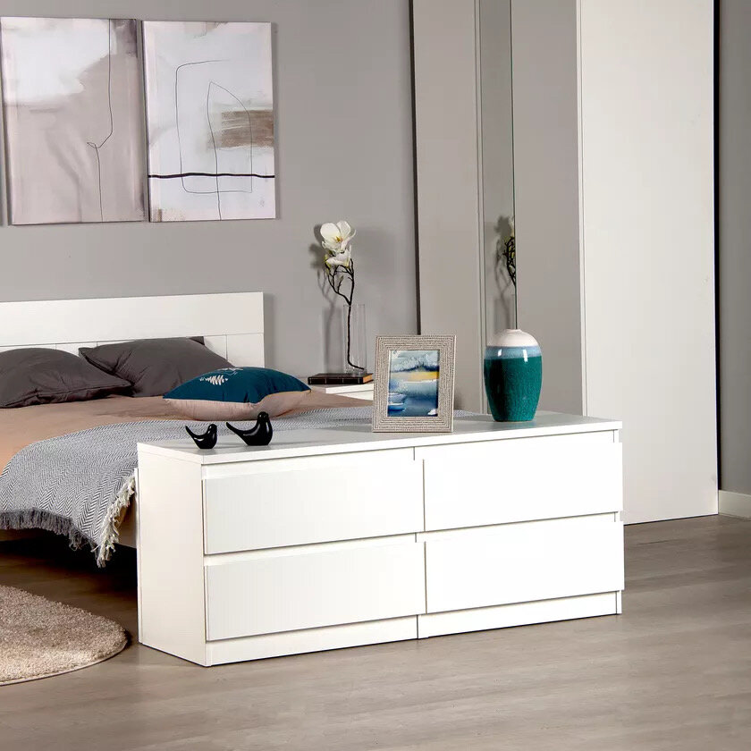 Тумба для спальни шведский стандарт Кастор 4 ящика, ШхГхВ: 129.7х39.6х54.2 см, цвет: белый