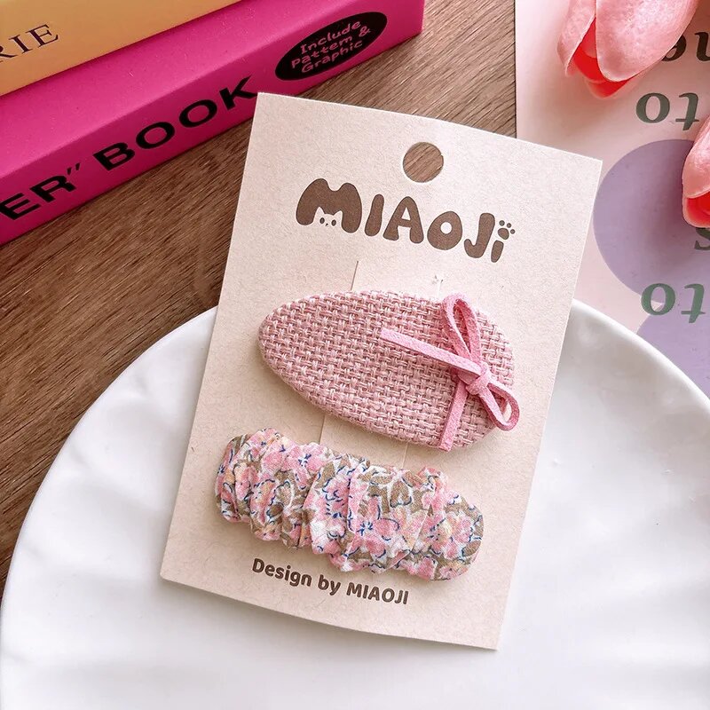 Корейские тканевые заколки с бантом розового цвета Y202506 3-Floral hairpin set