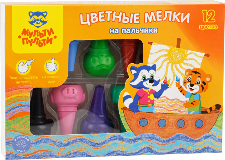 Мелки пластиковые "Зверята", 12цв, на палец, картон, 308912