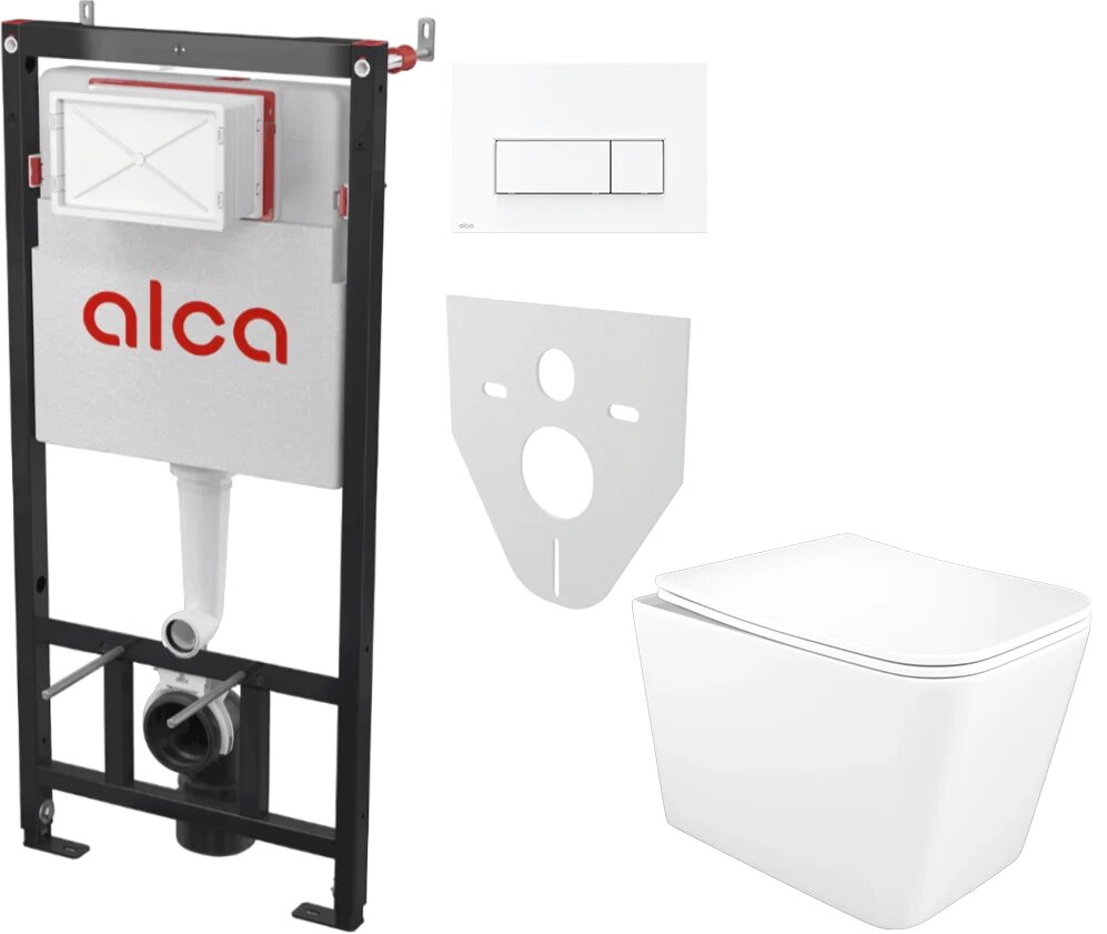 Комплект 5 в 1: Инсталляция AlcaPlast AM101/1120-4:1 M570-VE-01 / Унитаз подвесной STWORKI Молде S23401WH / Сиденье с микролифтом, Кнопка белая, Комплект шумоизоляции, креплений