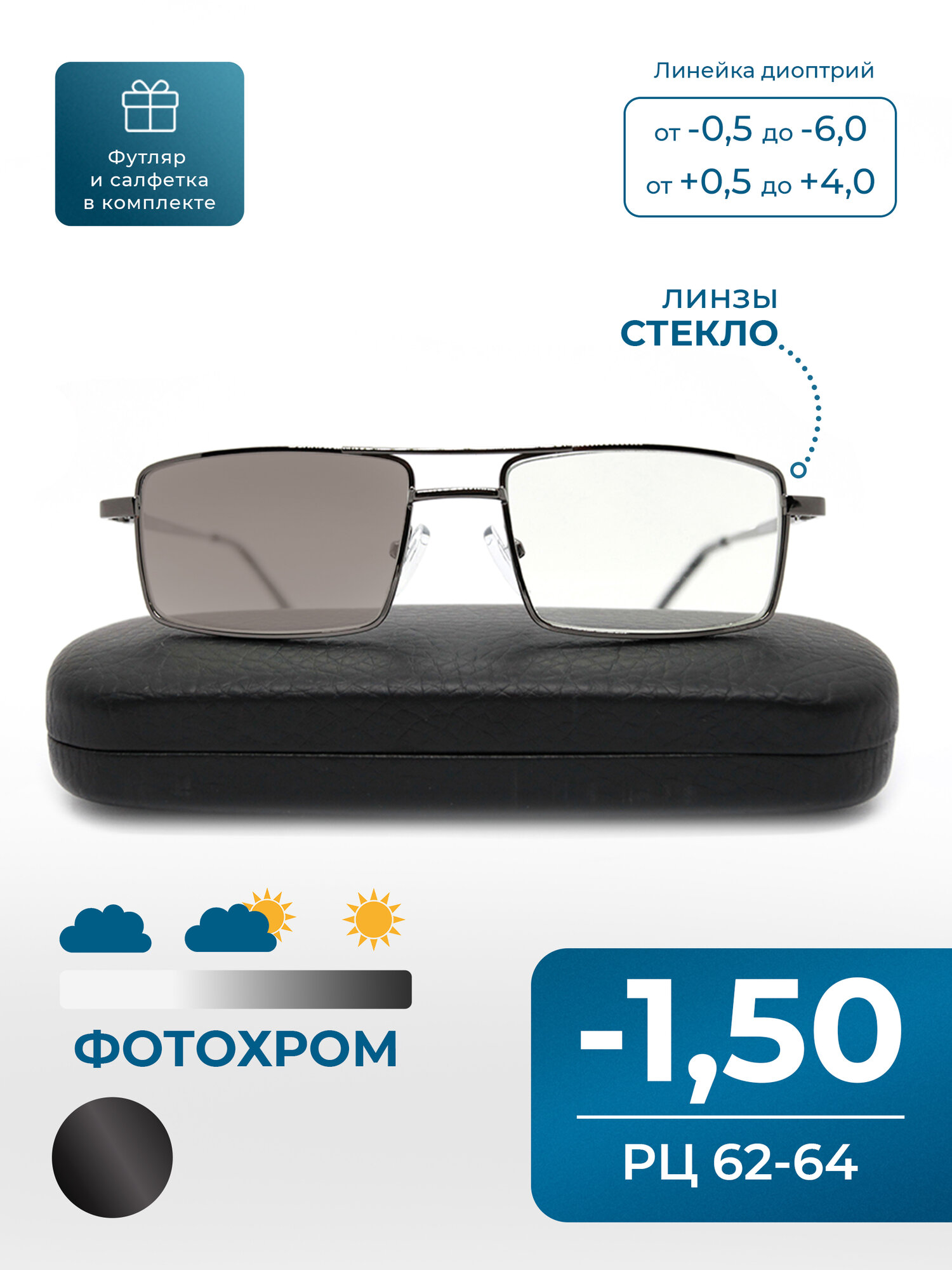 Готовые очки линза фотохром (-1.50) RALPH 016, линза стекло, для дали, с футляром, цвет серый, РЦ 62-64