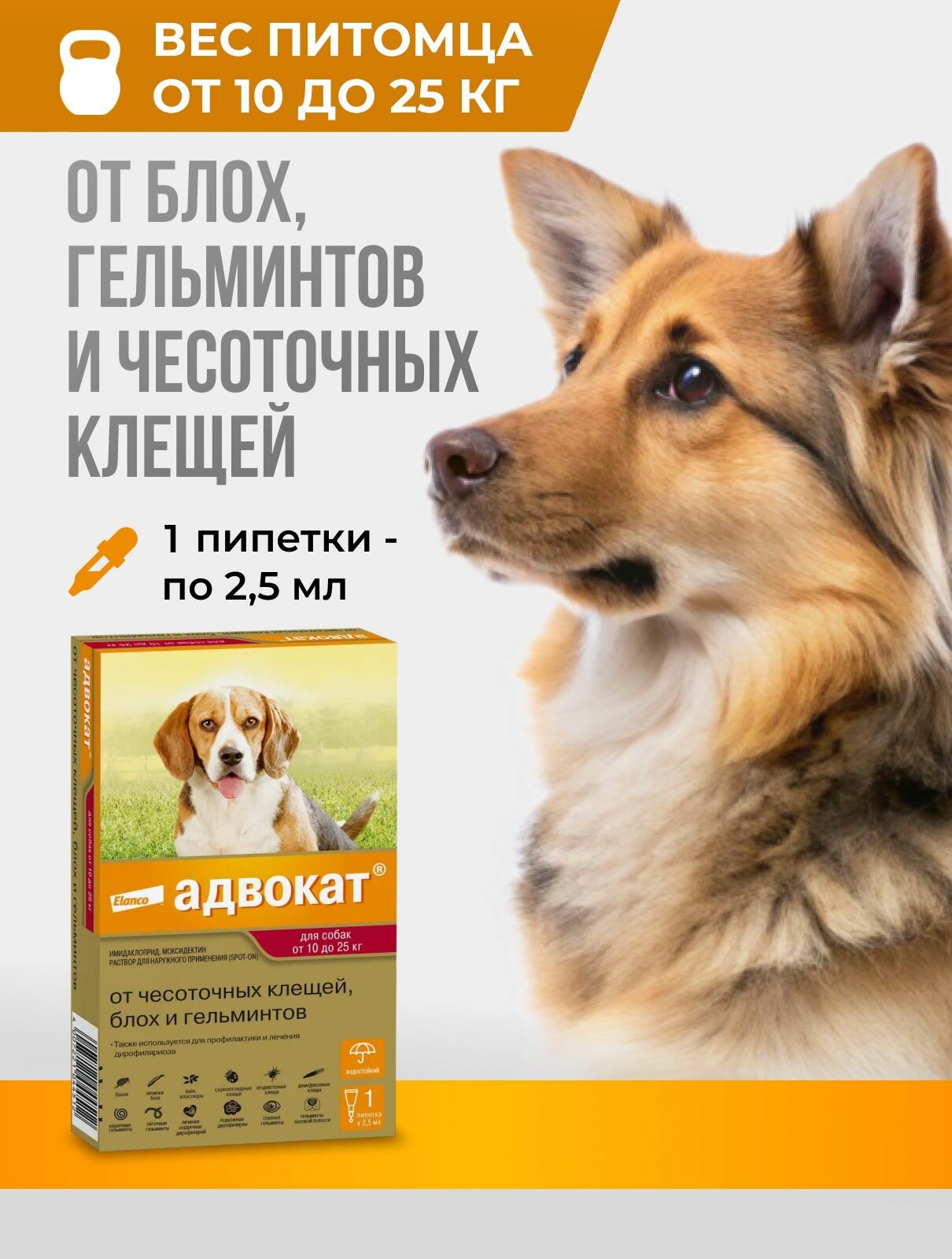 Адвокат для собак массой от 10 до 25 кг, 1 пип