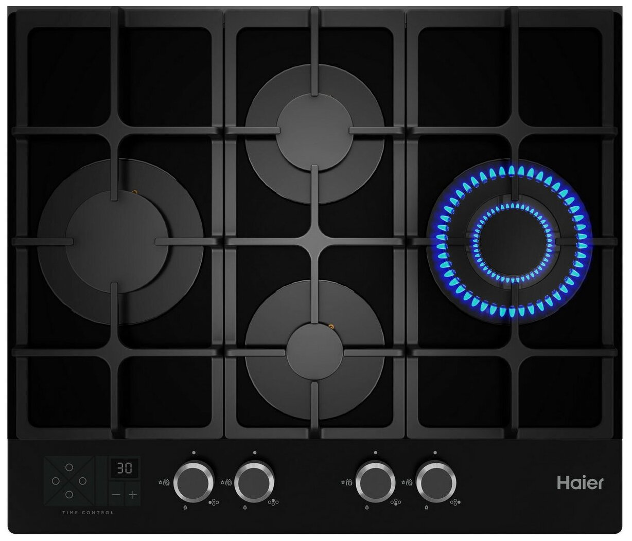 Варочная панель газовая Haier HHX-G64CWSB / Черная, Стекло, Решетка чугунная, WOK-Конфорка, Авто-поджиг, Газ-контроль