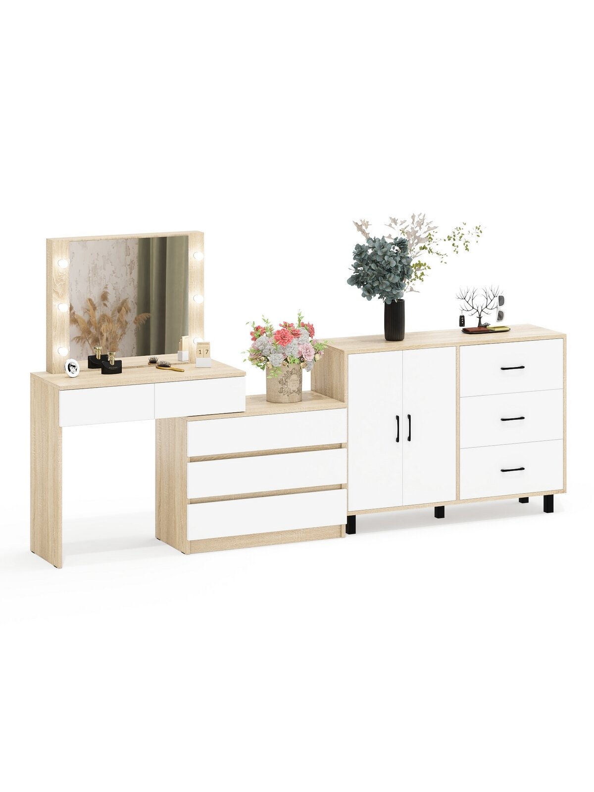 Стол косметический с подсветкой 110 и комод с тремя ящиками 123-1204, дуб сонома/белый, 260,4х40х142,5 см.
