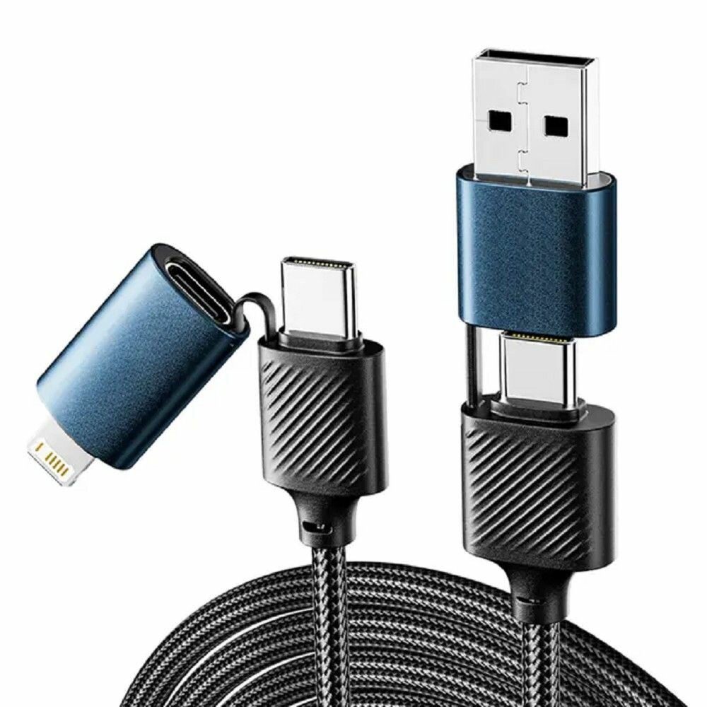 Rexant Кабели 18 - 7094 Кабель 4в1 USB - A, Type - C, Type - C, Lightning 65Вт, 1м, в черной нейлоновой оплетке