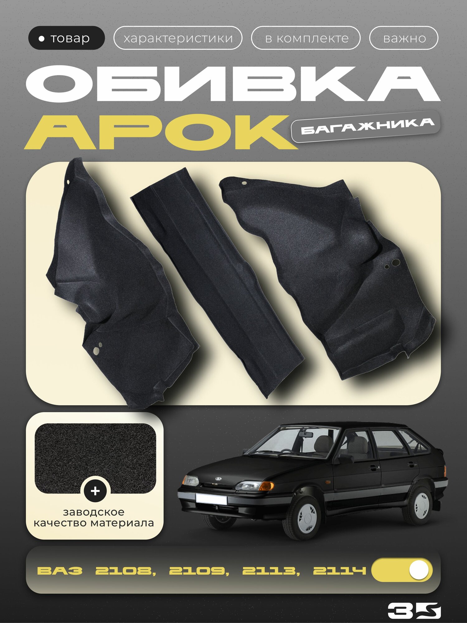 Обивка (обшивка) арок багажника (Формованная) из ворса для ВАЗ 2108,2109,2113,2114 из 3 частей