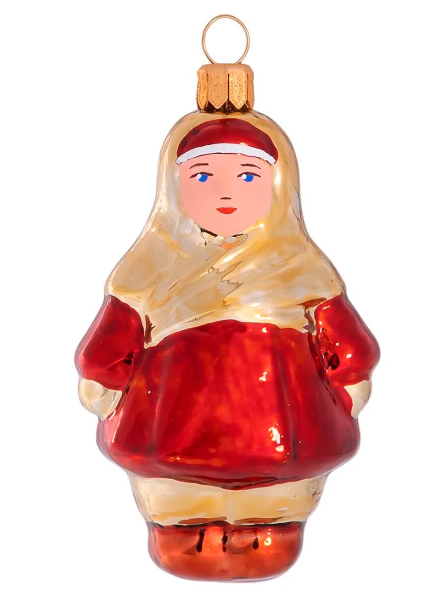 Елочная игрушка Елочка "Девочка в платке", ручная роспись, стекло, красная