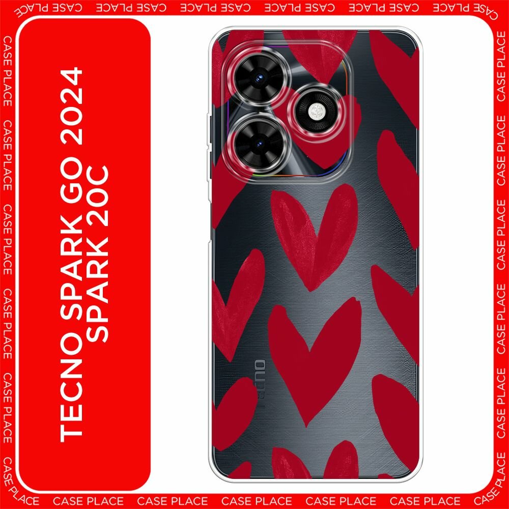 Чехол на Tecno Spark Go 2024/Spark 20C с принтом "Красные сердечки рисунок - 14 февраля", прозрачный