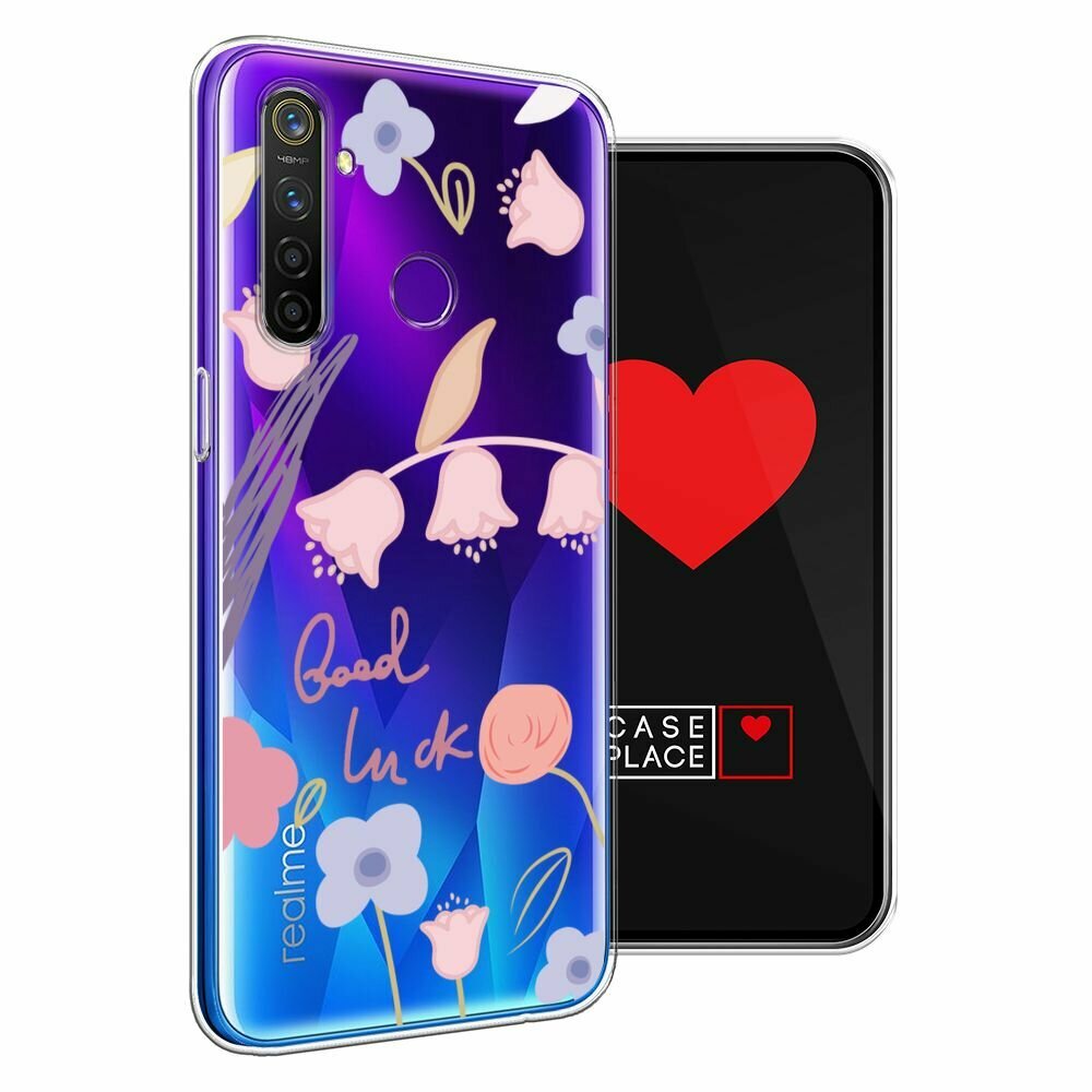 Чехол на Realme 5 Pro / Реалми 5 Про с принтом "Lucky flowers", прозрачный — фото 1