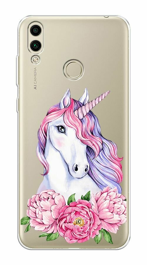 Чехол на Honor 8C / Хонор 8С с принтом "Единорог с пионами", прозрачный