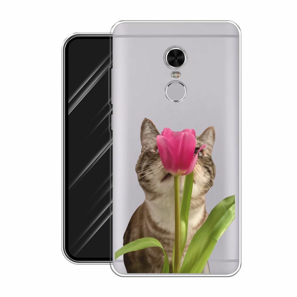 Чехол на Xiaomi Redmi Note 4 (MediaTek) / Сяоми Редми Ноут 4 с принтом "Кот с тюльпаном - 8 марта", прозрачный — фото 1