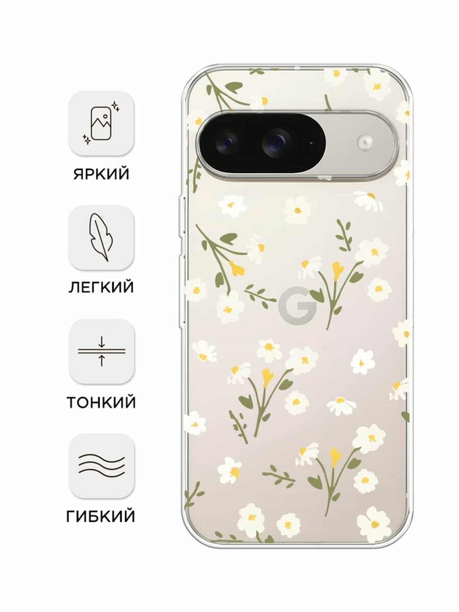 Чехол на Google Pixel 9 / Гугл Пиксель 9 с принтом "Пучки ромашек паттерн", прозрачный — фото 1