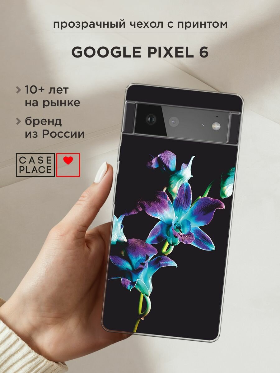 Чехол на Google Pixel 6 / Гугл Пиксель 6 с принтом "Синий цветок на черном"