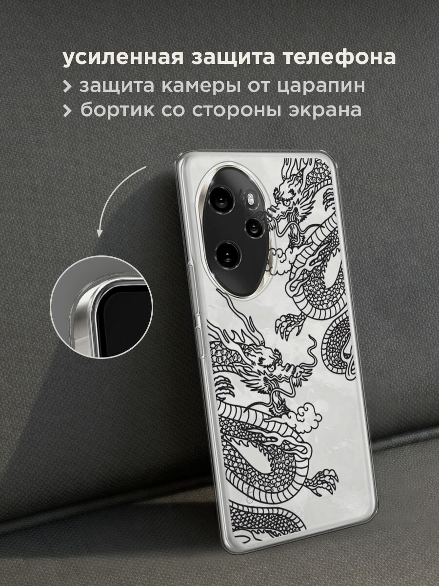 Чехол на Honor 100 Pro / Хонор 100 Про с принтом "Два китайских дракона", прозрачный — фото 1