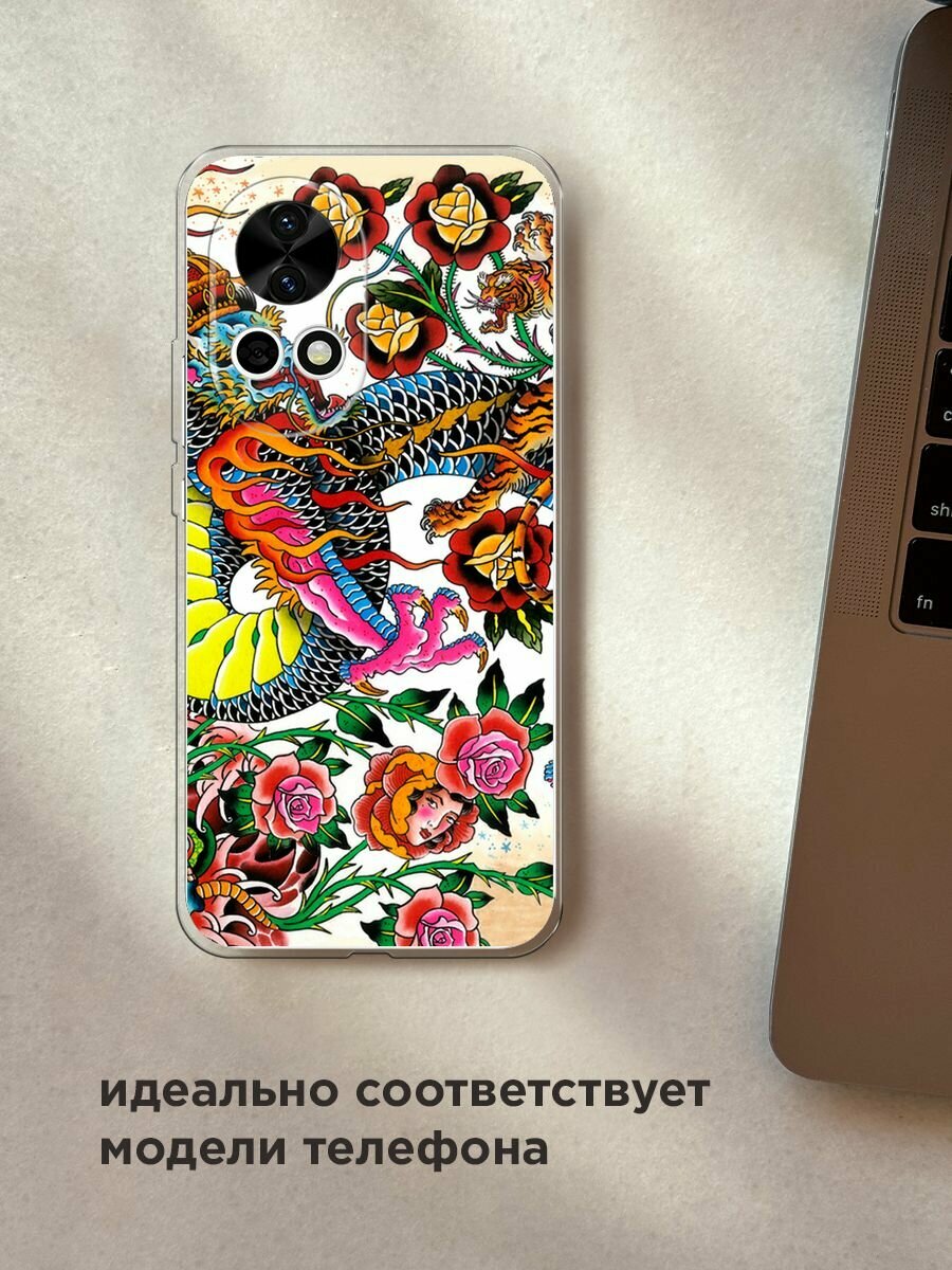Чехол на Huawei Nova 12/Nova13 / Хуавей Нова 12/Нова 13 с принтом "Дракон в цветах" — фото 1