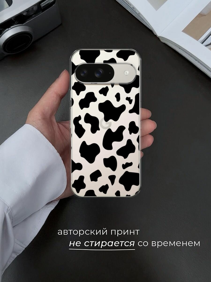 Чехол на Google Pixel 9 / Гугл Пиксель 9 с принтом "Черные пятна коровы", прозрачный — фото 1