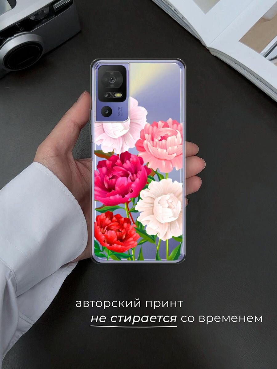 Чехол на TCL 40 SE / ТСЛ 40 SE с принтом "Большие пионы", прозрачный — фото 1