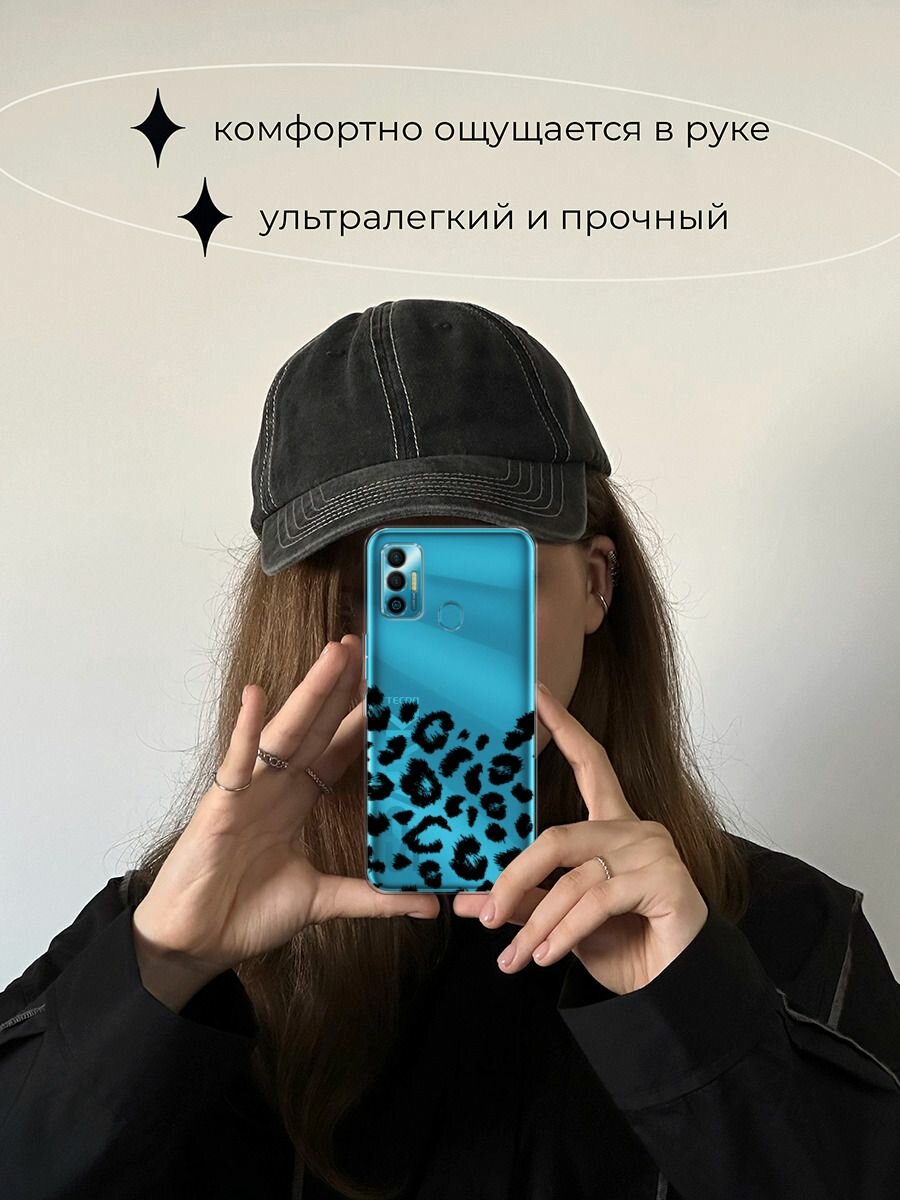 Чехол на Tecno Spark 7 / Техно Спарк 7 с принтом "Окрас леопарда фон черный", прозрачный — фото 1