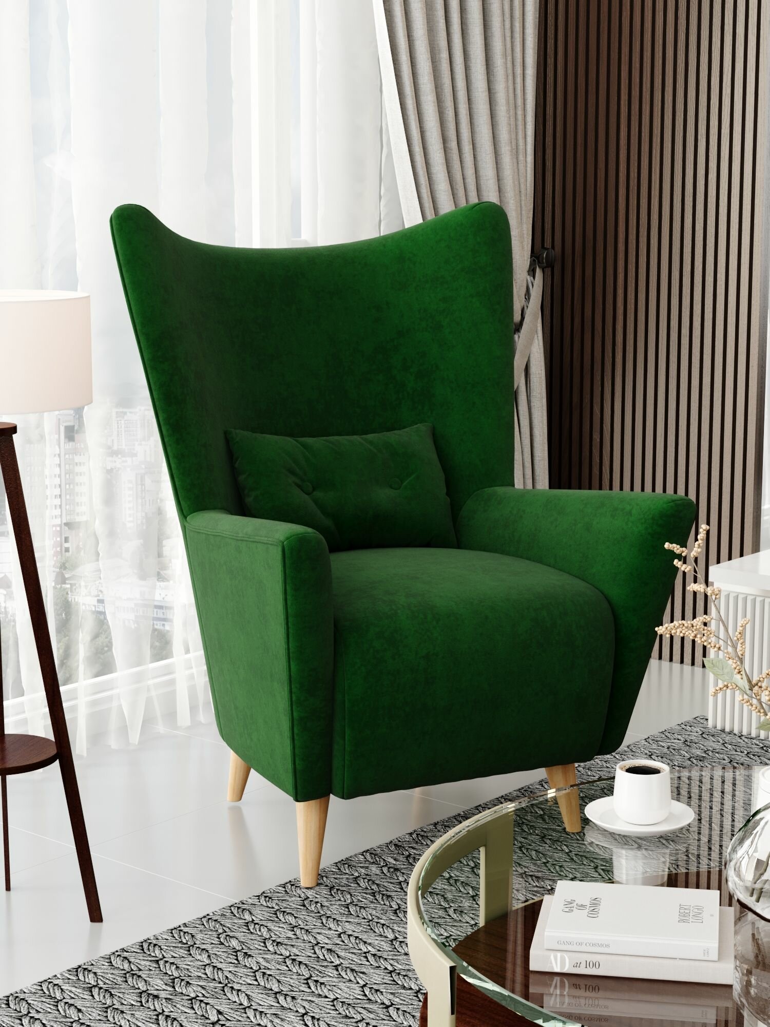 Кресло мягкое для дома, отдыха в гостиной Грейс от W&B, премиум велюр зеленый