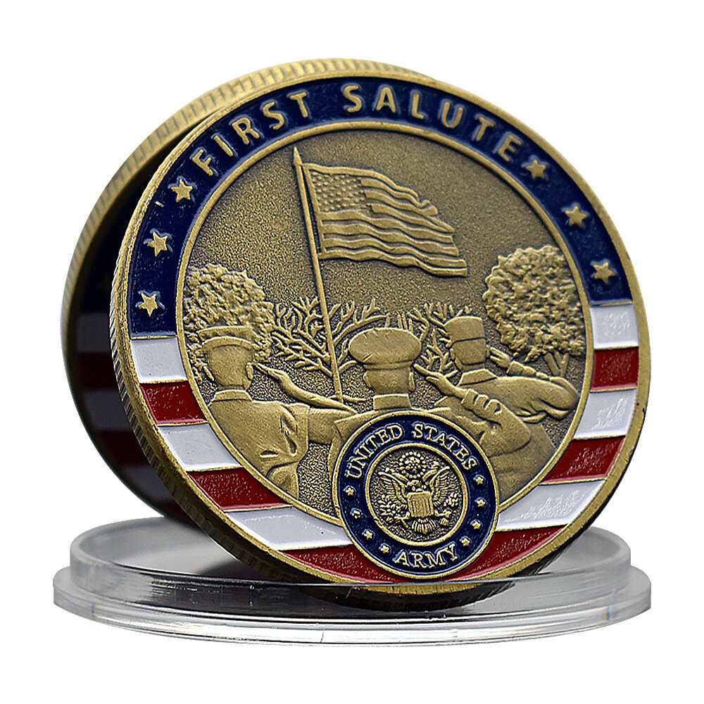 Памятная монета «Первое приветствие армии США», «Военный вызов» с американским флагом, покрытая латунью, дань уважения армии США, 35 г, 4 x 0,3 см