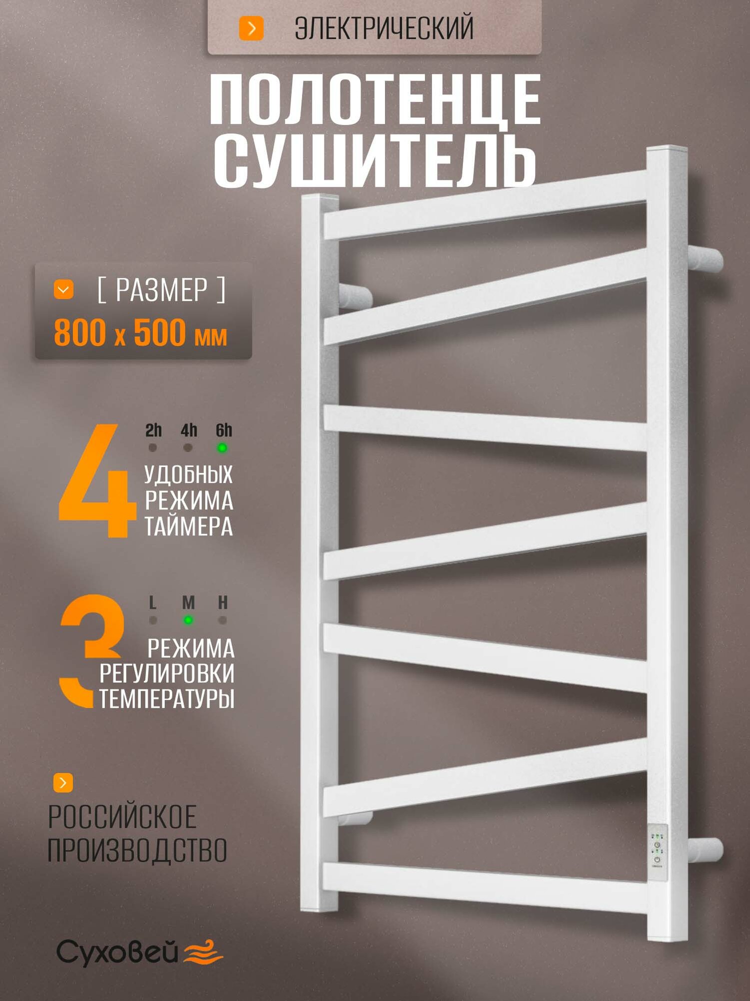 Полотенцесушитель электрический Суховей Гармония GSN85001WM 80x50 см, белый матовый / Сушилка для полотенец в ванную, лесенка с терморегулятором