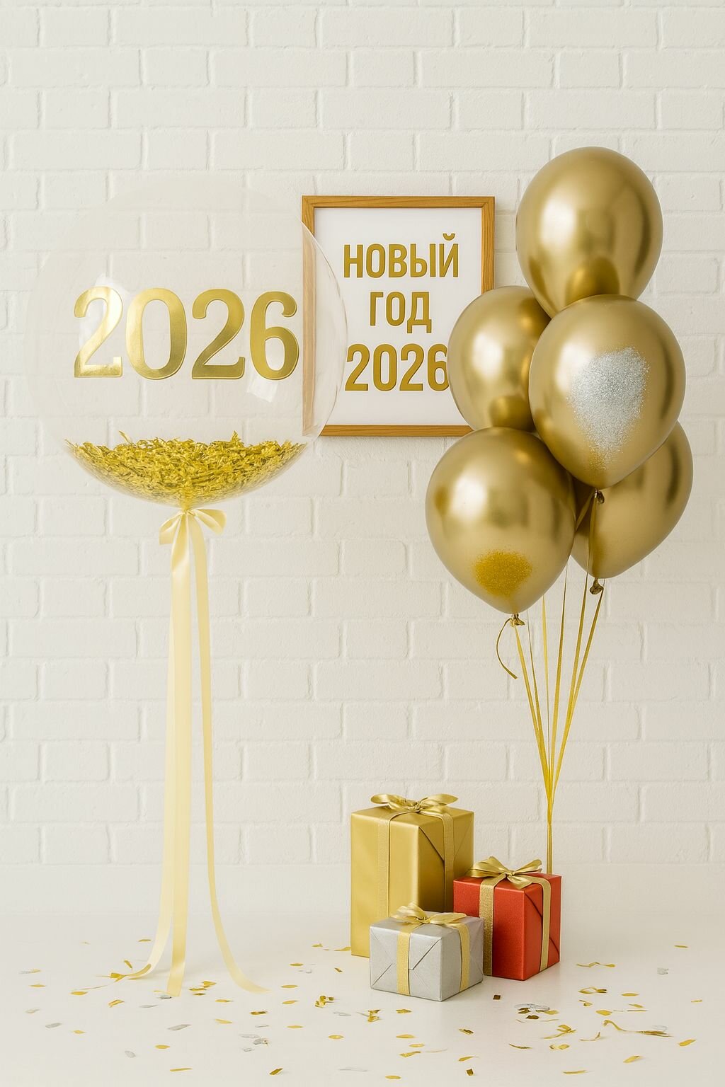 Латексные воздушные шары и шар баблс с гелием надутые в фонтан из гелиевых шаров "Золотой Новый год 2026", 7 шт