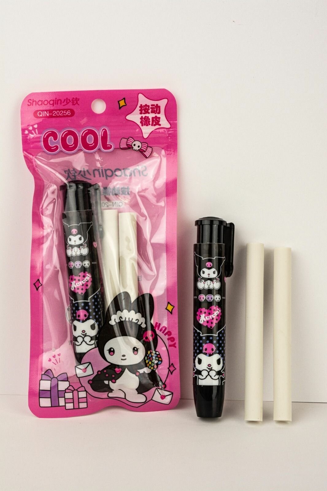 Ластик-карандаш, 1 пластиковый корпус и 2 сменных стержня черный