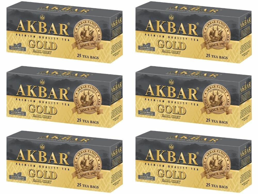 Akbar Чай черный Earl Gray, 25 пакетиков 2 г, 6 уп