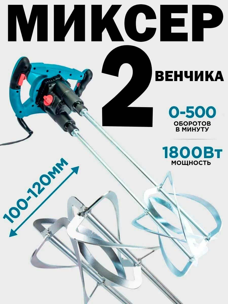 Сетевой миксер 2 шнека, для бетона, мощность 1800Вт, частота вращения 500 об/мин. Строительный миксер два венчика в комп