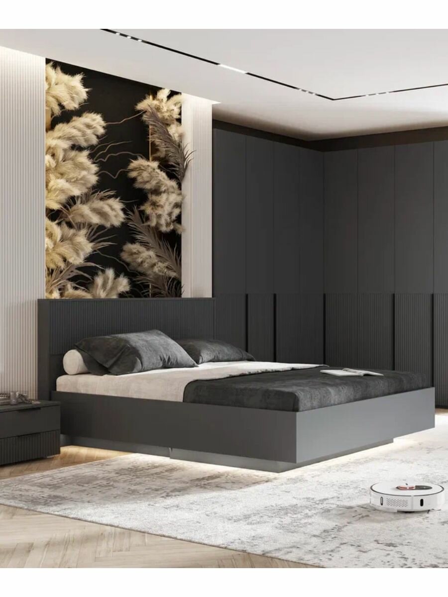 Кровать двуспальная парящая Марвэл 1.6 Графит/Браш Графит, ортопедическое основание, подсветка, МИФ