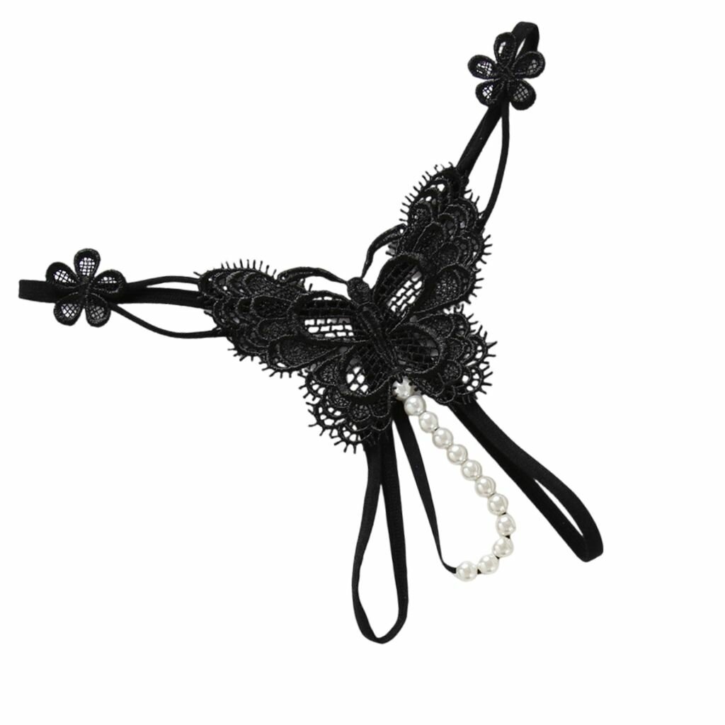 Кружевные стринги с вышивкой-черные