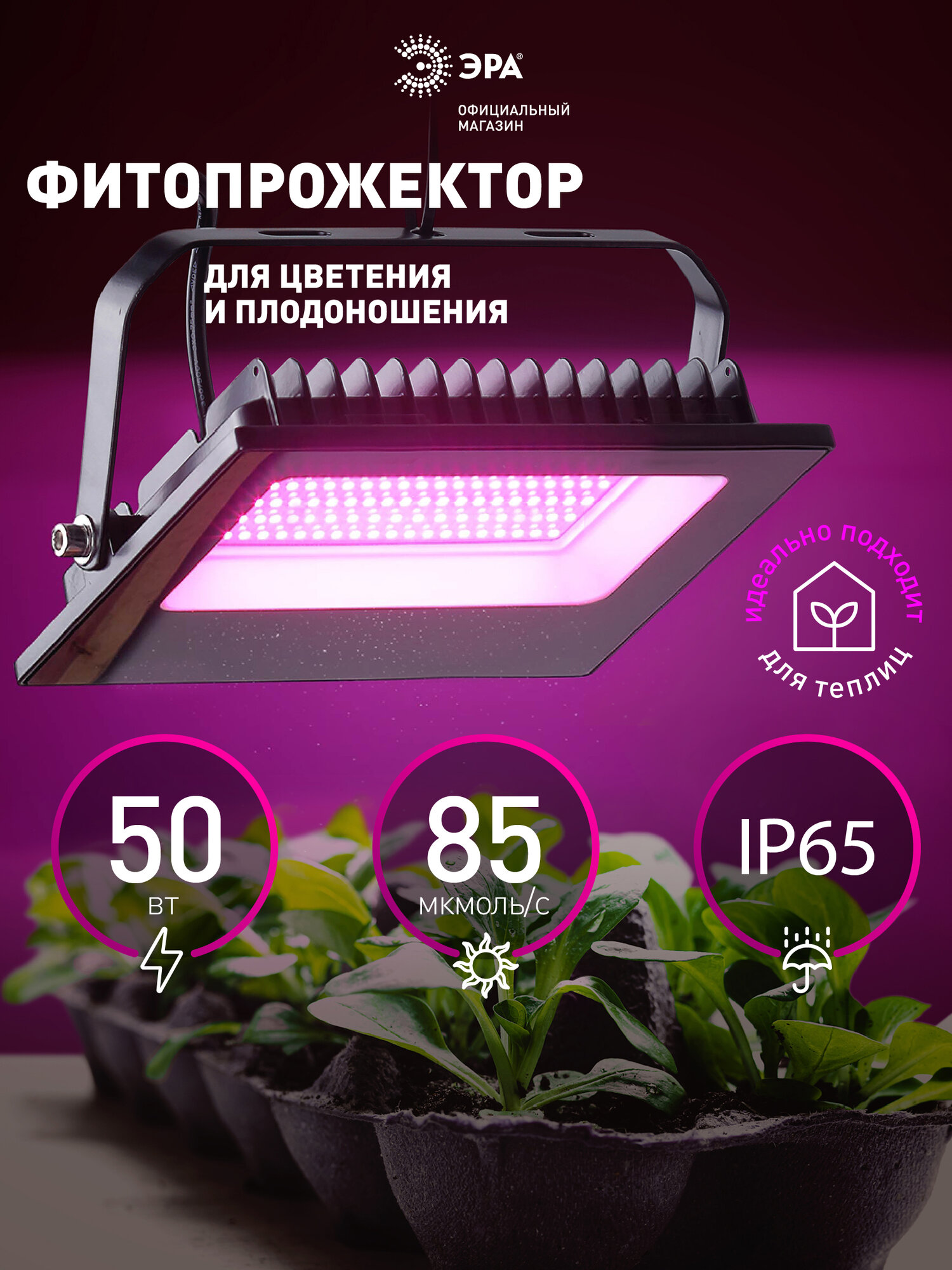 Фитопрожектор для растений светодиодный ЭРА FITO-50W-RB-LED для цветения и плодоношения красно-синего спектра 50 Вт