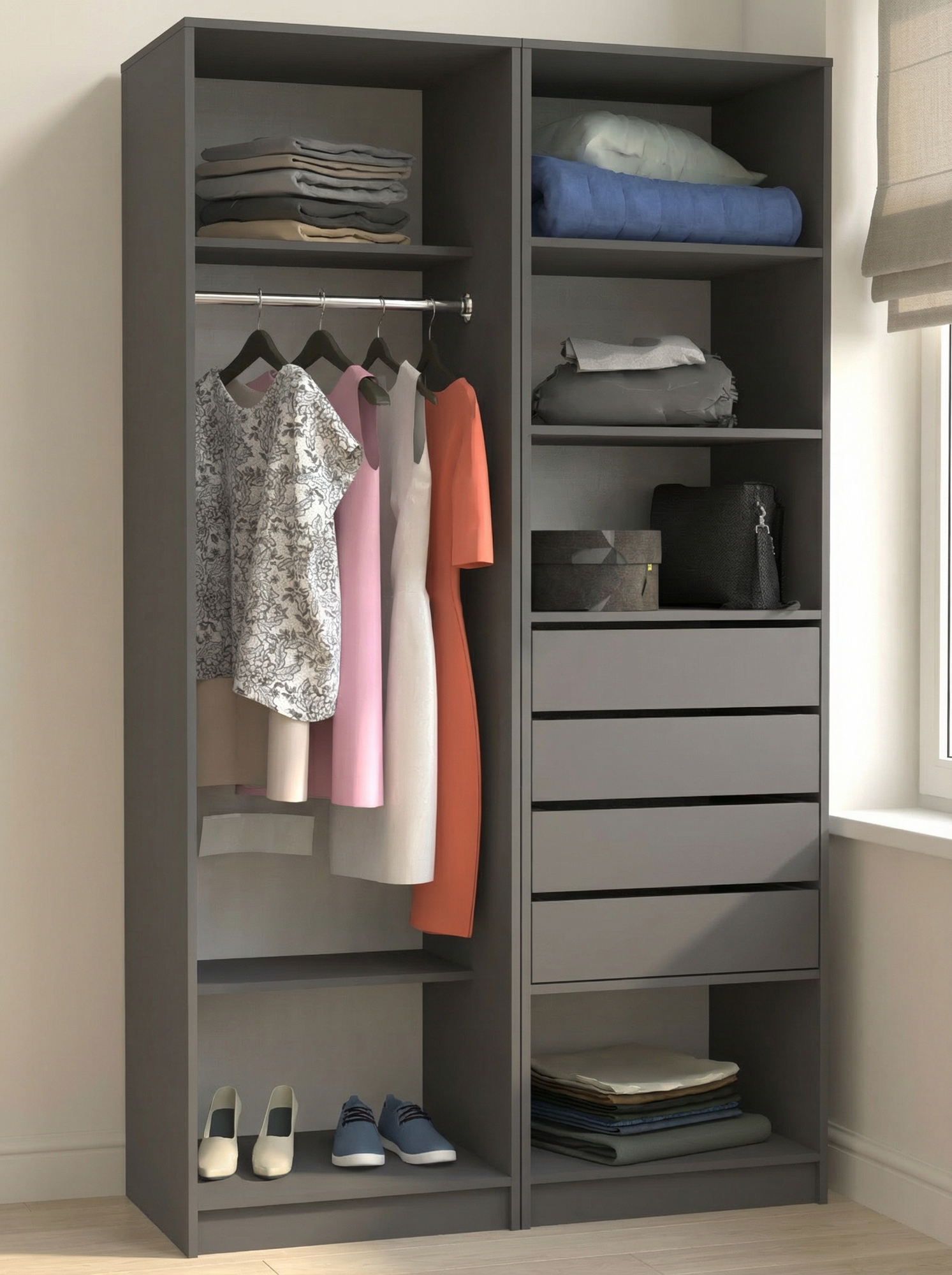 Открытый гардеробный шкаф Макс-10 со штангой для вешалок, 6 полками и 4 ящиками, ШхГхВ: 120х50х210 см, графит