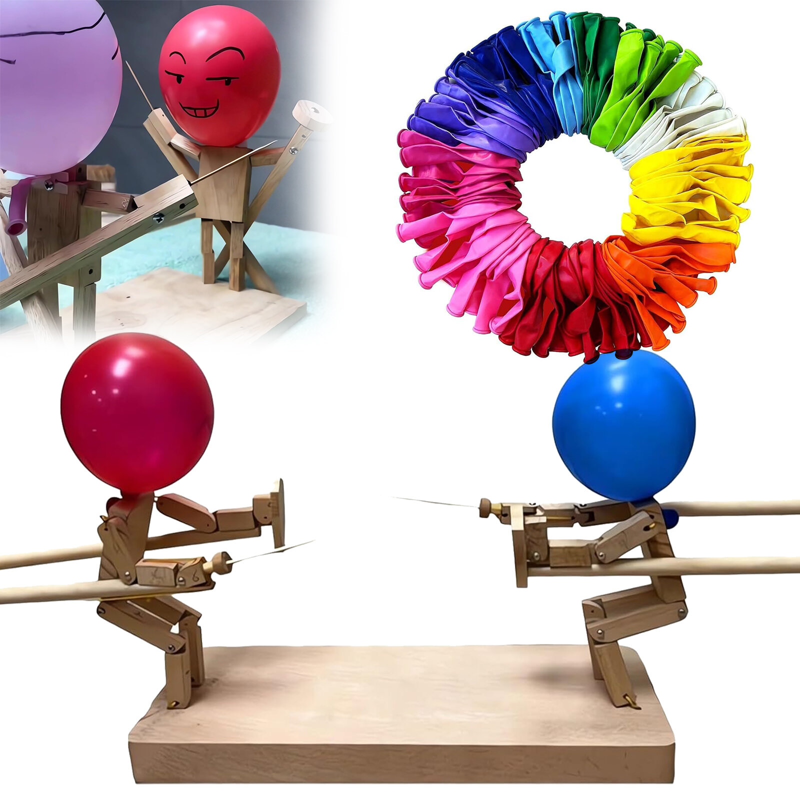 Игровой набор для битв с баллонами "Balloon Bamboo Man Battle" из дерева, ручная работа, для 2 игроков, быстрые бои с баллонами, игры для вечеринок "Whack a Balloon", 20/50/100 штук баллонов (опционально), рандомный цвет баллонов, размер с 20/100