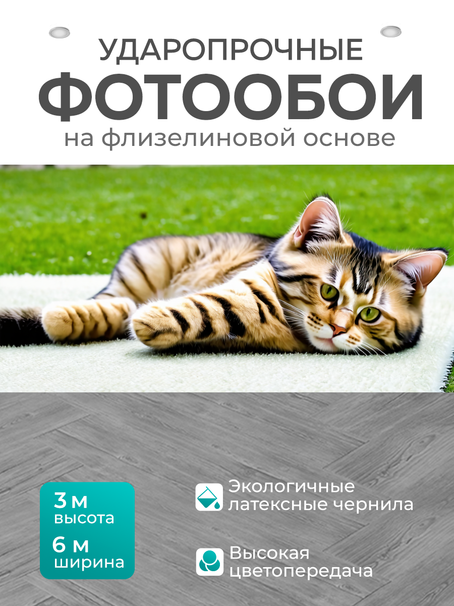 Фотообои моющиеся ударопрочные "Кошка, катающаяся на ковре в парке" 600x300 см. флизелиновые на стену