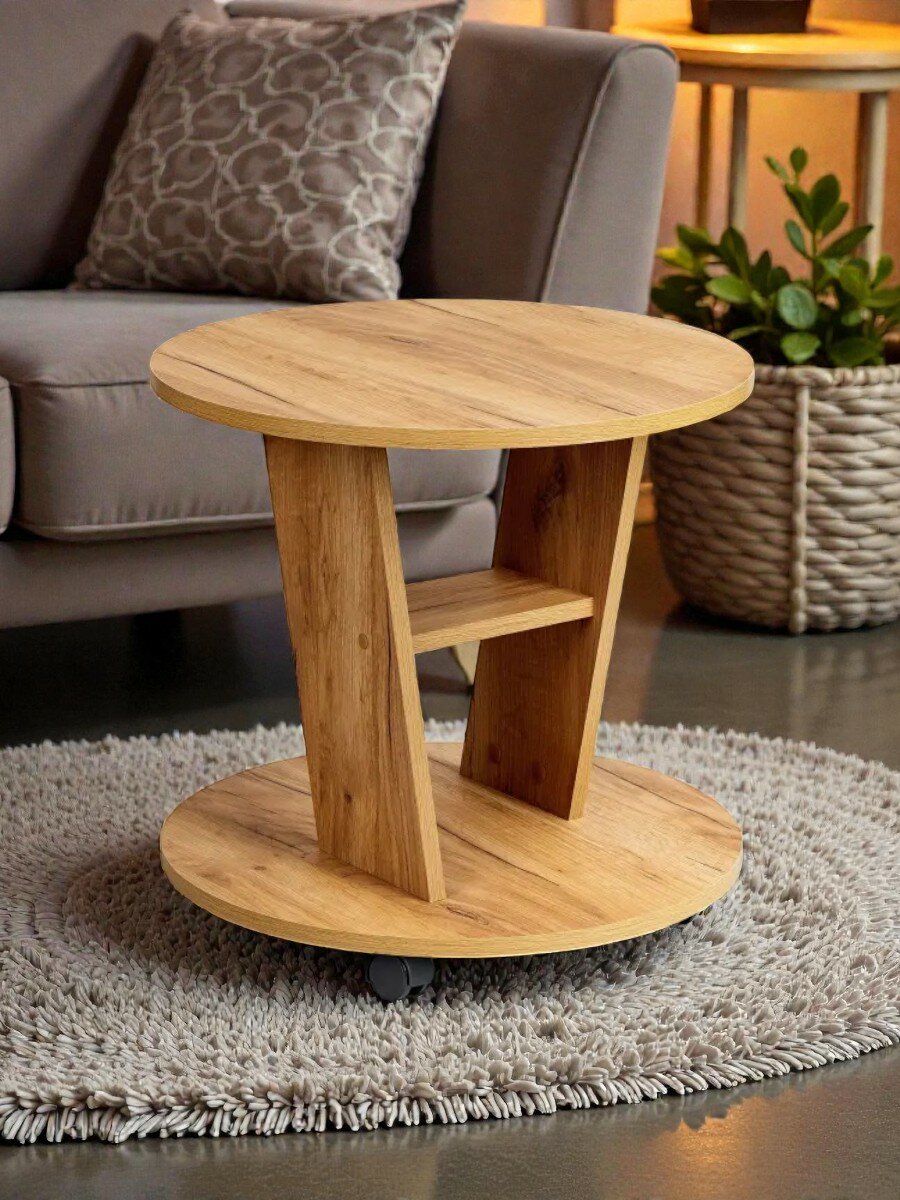 Стол K-home СЭМ-3, подкатной, журнальный, круглый, на колесиках, с полкой, ЛДСП