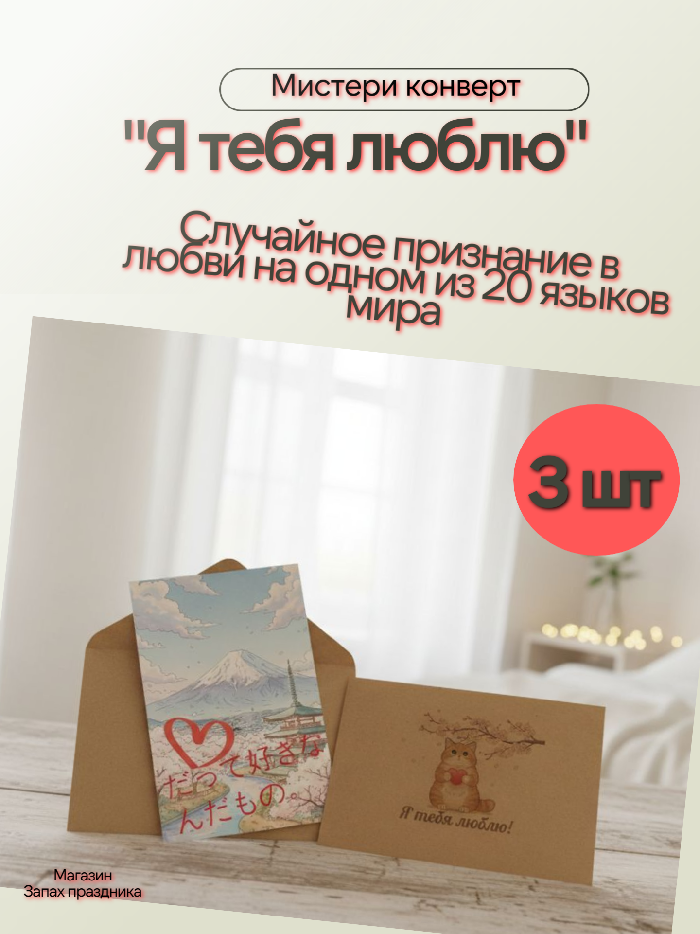 Конверт-открытка "Я тебя люблю" на разных языках 3 шт.