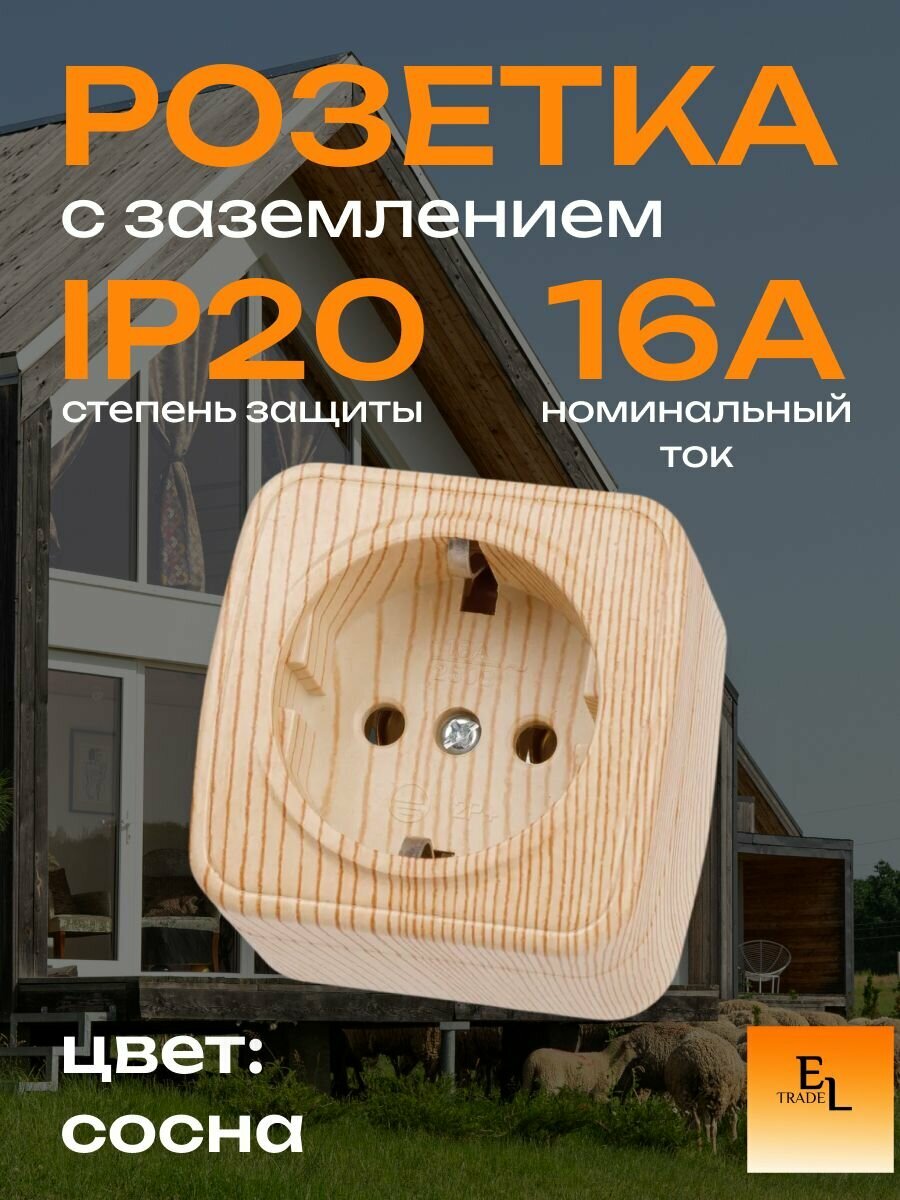 Розетка открытой установки с заземлением IP20, 16А, сосна, Дача, TDM ELECTRIC