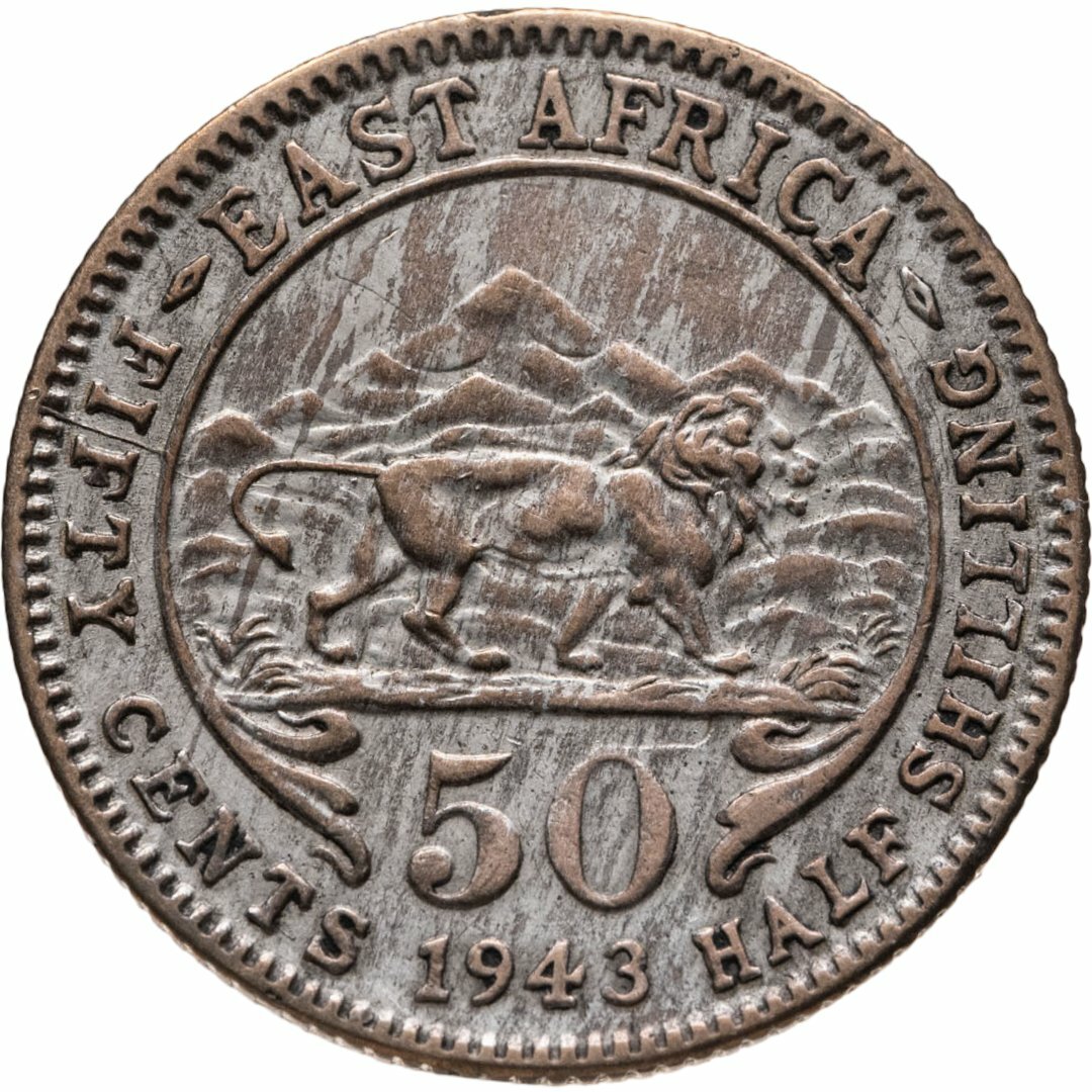 Британская Восточная Африка 50 центов cents 1943, Серебро 250, в сохранности VF