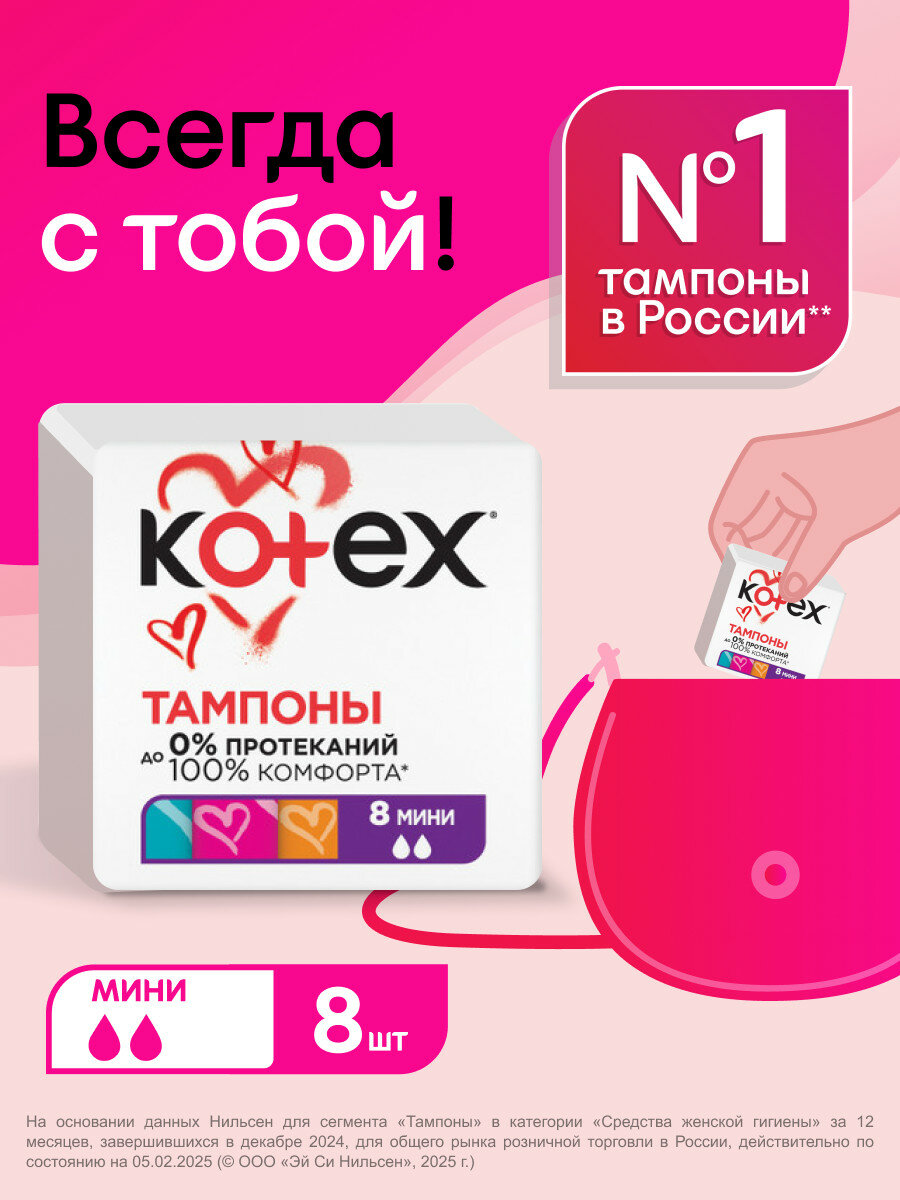 Тампоны гигиенические женские Kotex Мини, 2 капли, 8 шт, гипоаллергенные