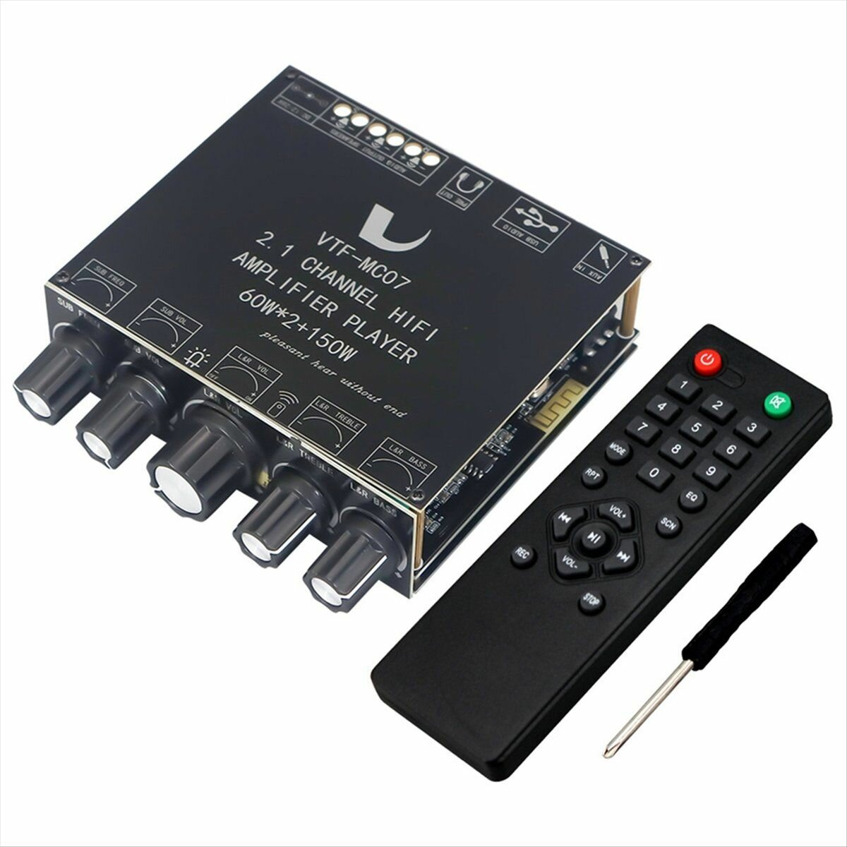 2x60 Вт + 150 Вт сабвуфер, Bluetooth 5.3, плата усилителя мощности, USB звуковая карта, 2.1-канальный аудиоэквалайзер, модуль усилителя класса D A