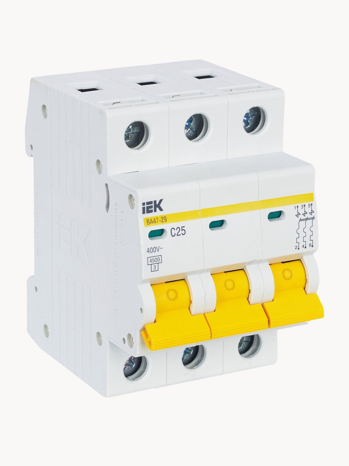 Автоматический выключатель IEK ВА47-29 KARAT, 3Р 25А, 4.5кА, тип C, 400В AC/DC, IP20, термомагнитный, DIN-рейка