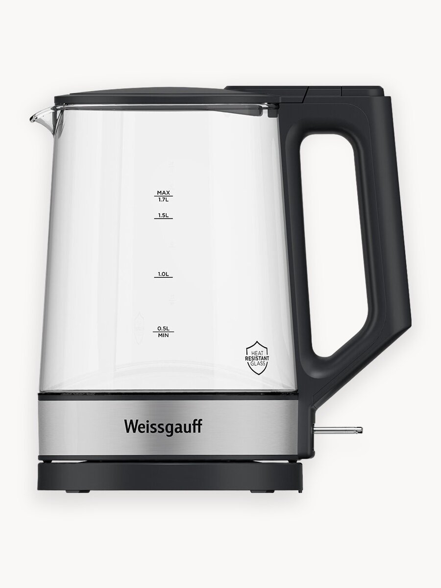 Чайник электрический Weissgauff WK 1700 EcoGlass Graphite, вращение чайника на подставке на 360°