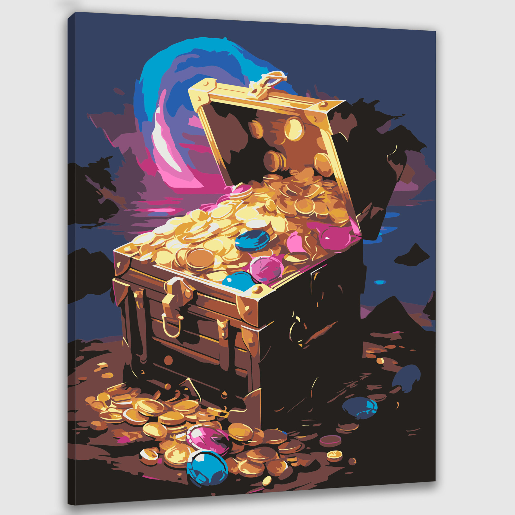 Картина по номерам 40x50 см, сундук с сокровищами, золотые монеты, драгоценные камни, радуги, волшебные искорки